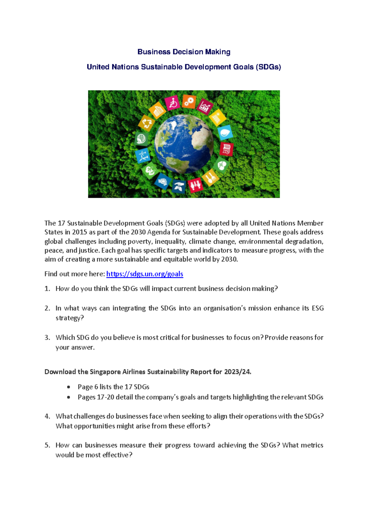 SDG Activity - practise - Business Decision Making United Nations ...