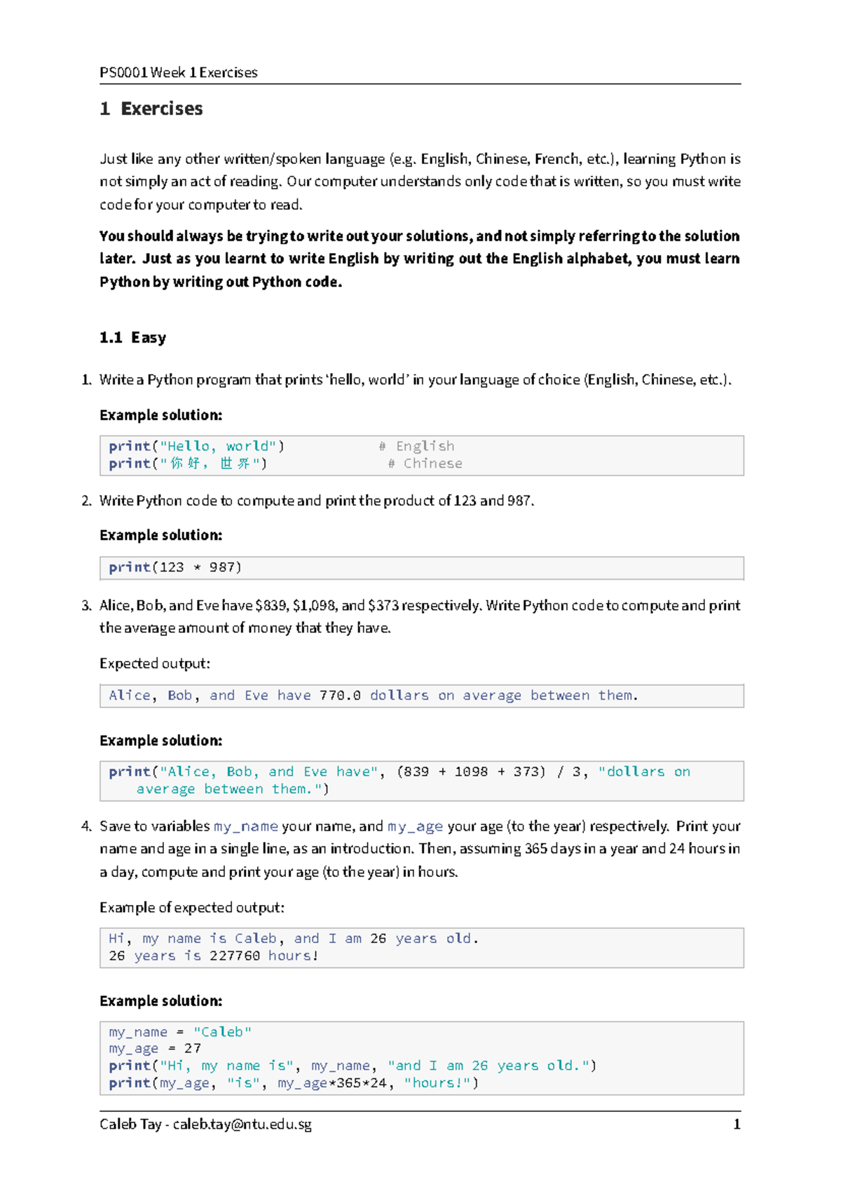PS0001 Week 1 Tutorial Solutions: Python Exercises and Code Fixes - Studocu