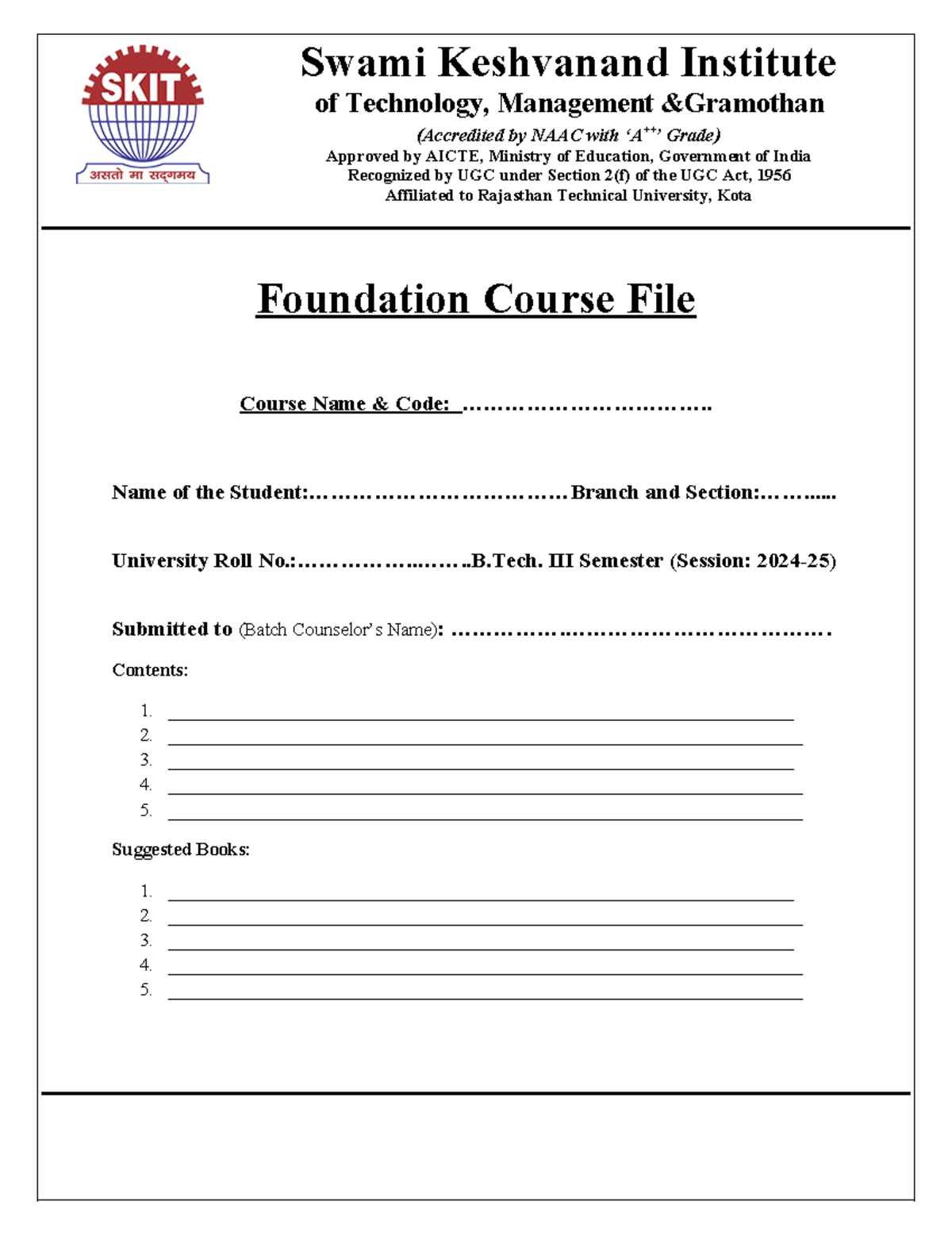Foundation Course File Format (2024-25) for B. III Semester - Studocu