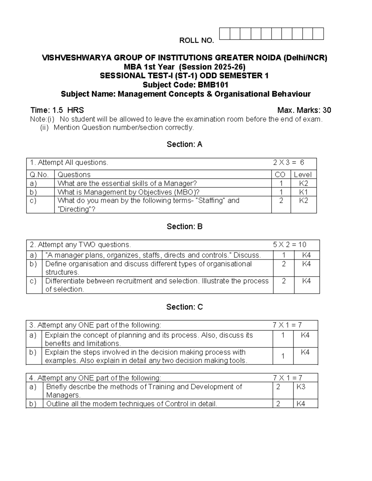 BMB101 Management Concepts & Organisational Behaviour Exam ST-1 MBA ...
