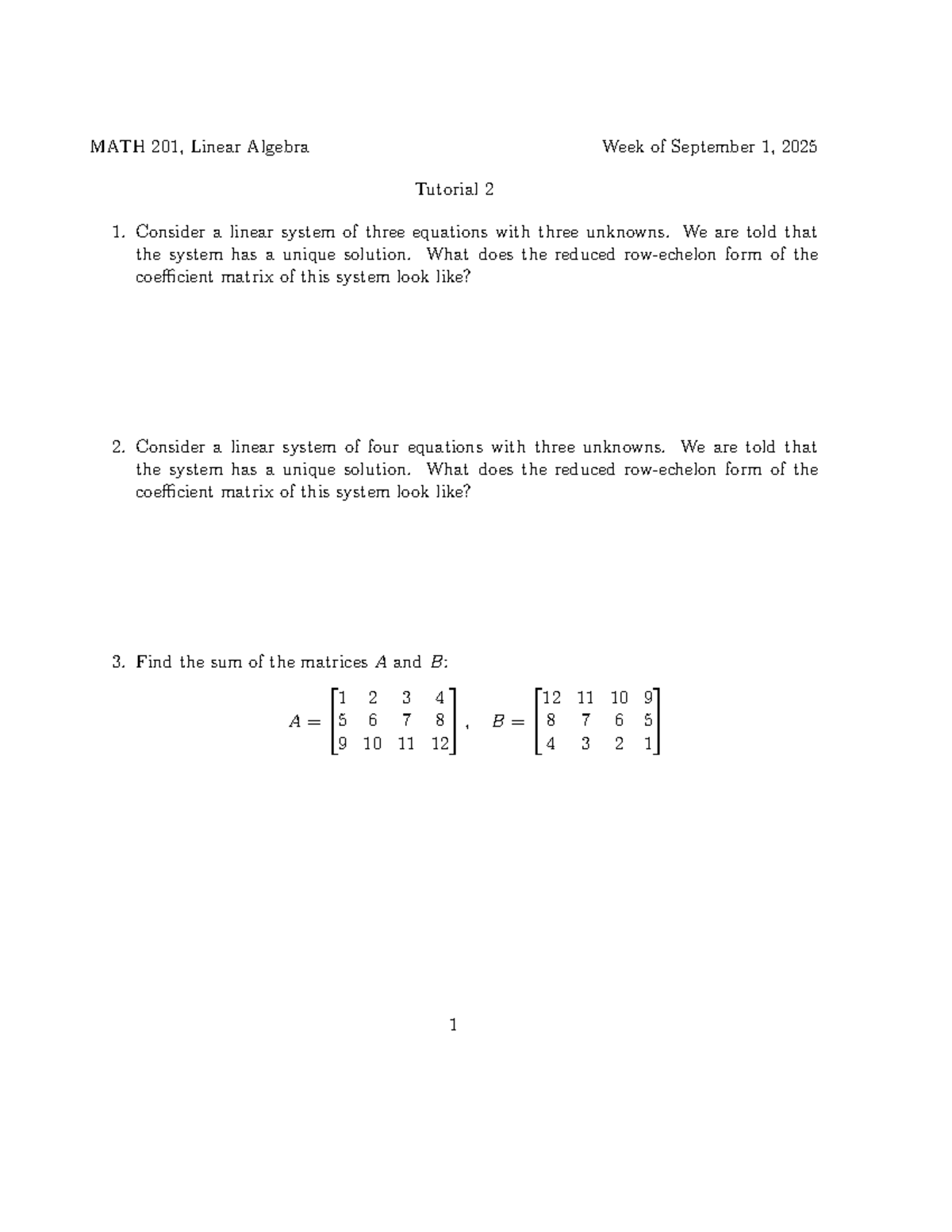 MATH 201, Linear Algebra Week 2 Tutorial Solutions - Studocu