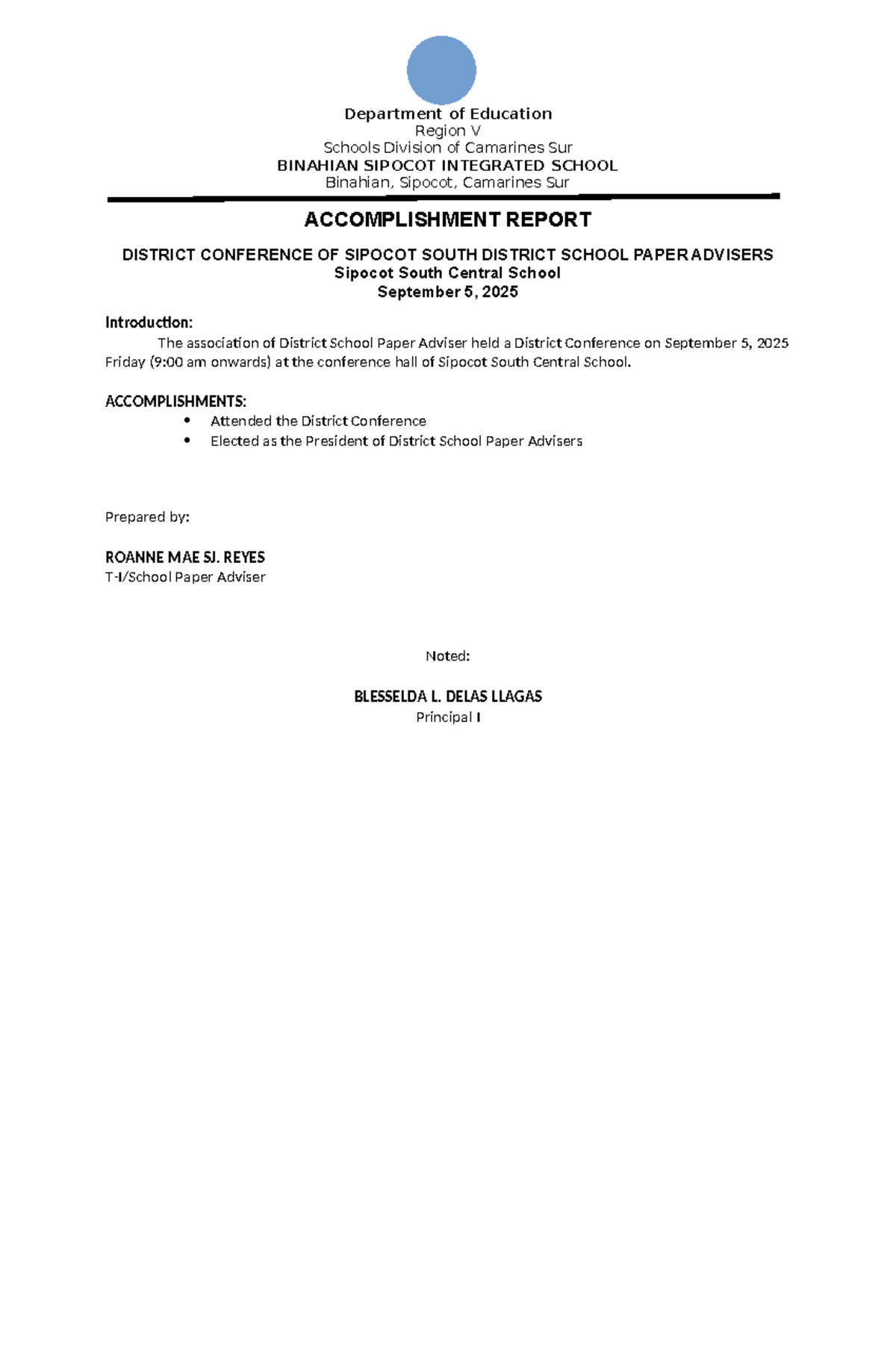 Accomplishment Report for Travel DSPC - Sipocot District 2025 - Studocu