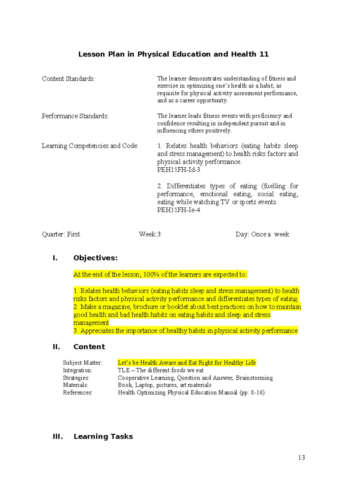 PEH11-Final-Lesson Plan on Eating Habits and Health Awareness Week 3 ...