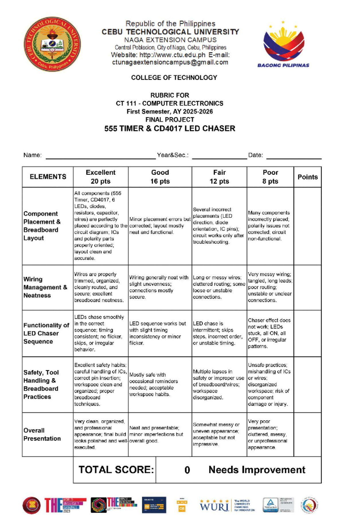 CT Computer Electronics Final Project Rubric: Timer CD4017 LED Chaser ...