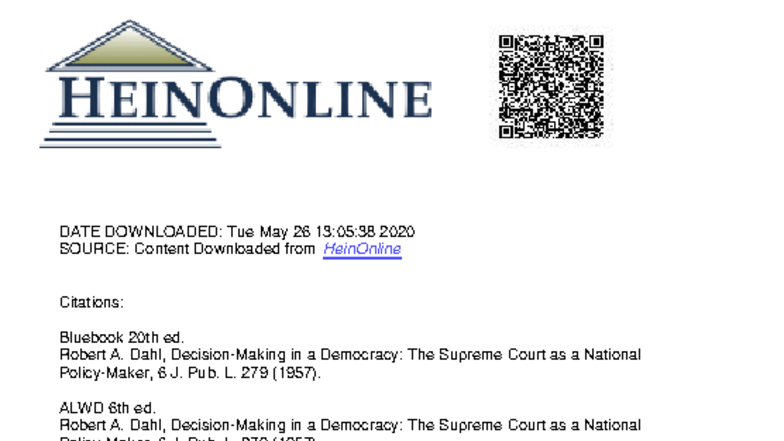 Dahl F - Decision-Making in a Democracy: The Supreme Court's Role - Studocu