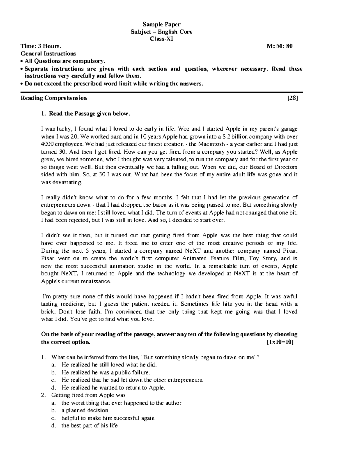 Sample Paper Class 11th 2024 - Sample Paper Subject – English Core ...