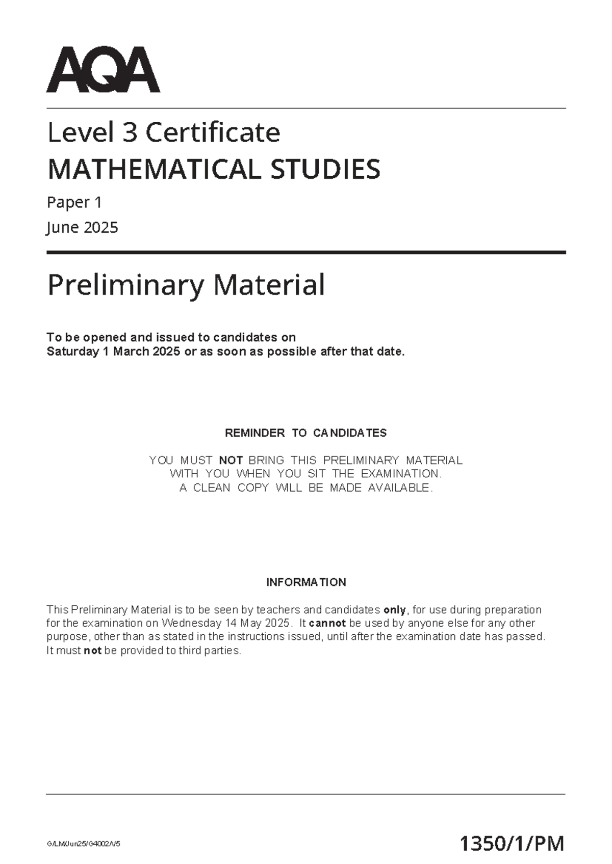 Level 3 Certificate MATHEMATICAL STUDIES Paper 1 PM June 2025 - Studocu