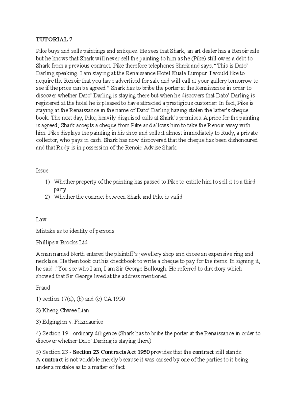 Tutorial 7 contract exam questions - Contract Law II - UKM - Studocu