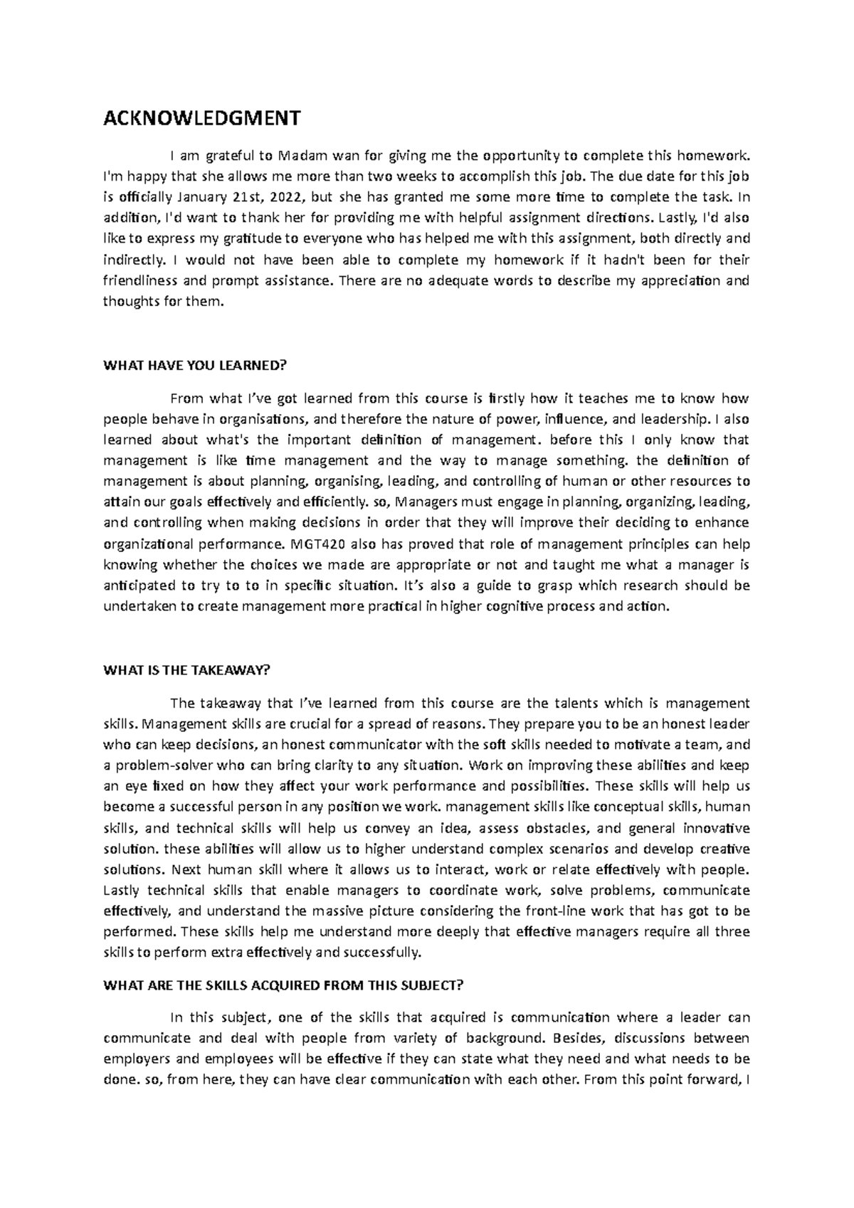 Reflections on Individual Assignment for MGT 420: Skills & Learnings ...
