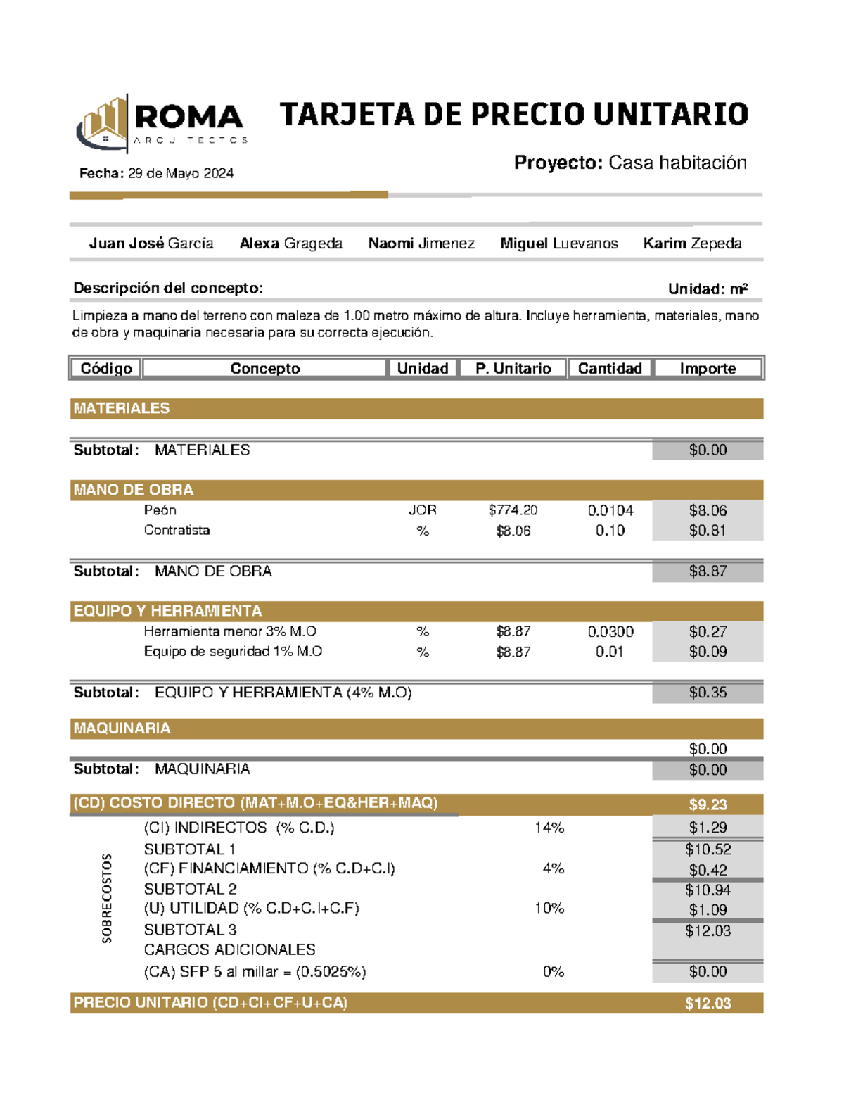 Tarjeta de Precios Unitarios para Proyecto de Casa Habitación - Studocu