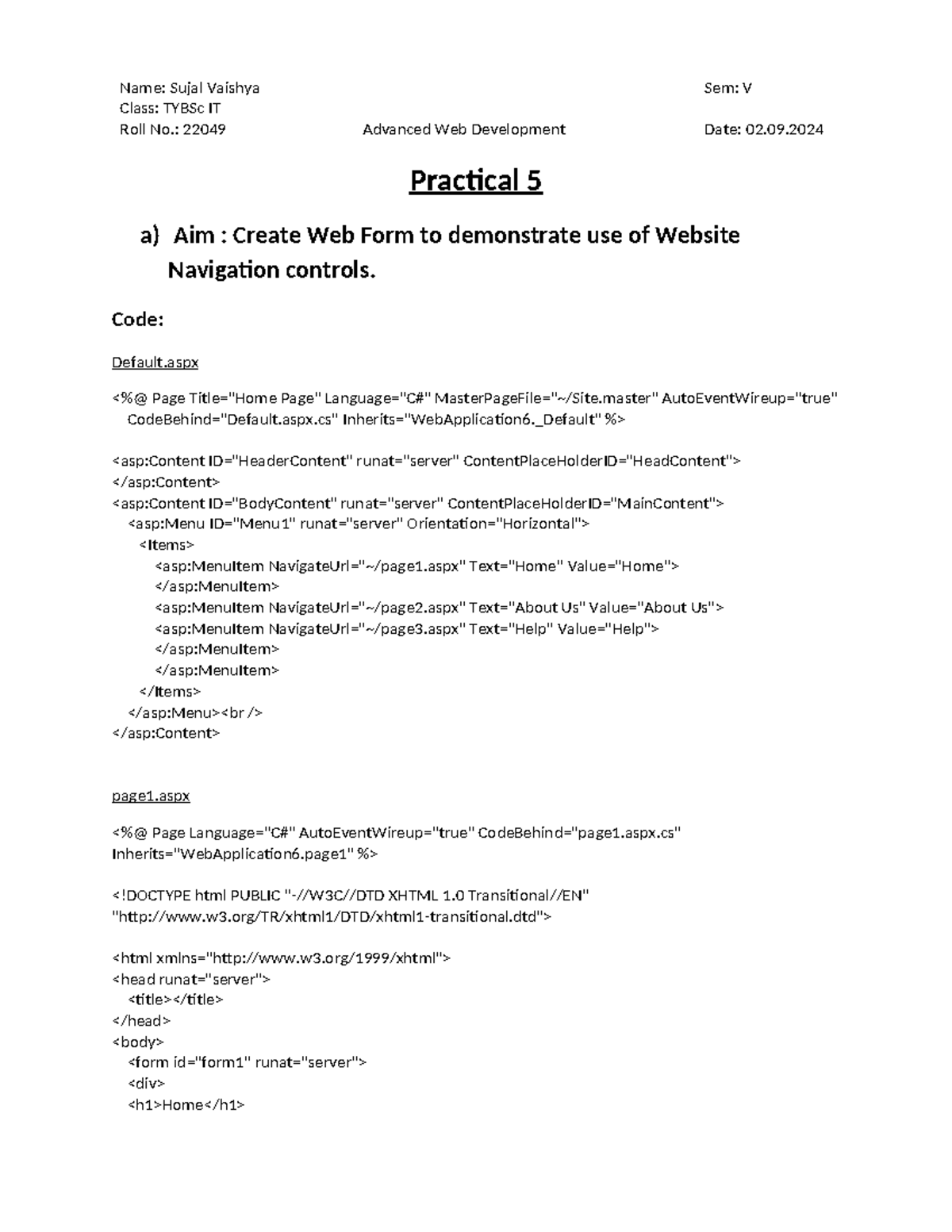 TYBSc IT AWD Practical 5a: Web Form & Navigation Control Design - Studocu