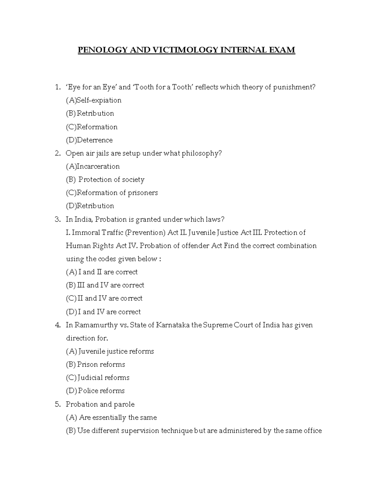 Penology & Victimology MCQ Internal Exam BA LLB 3 - Studocu