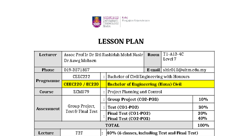 ECM579 Lesson Plan: Project Management & Control (Oct 2025 - Feb 2026 ...