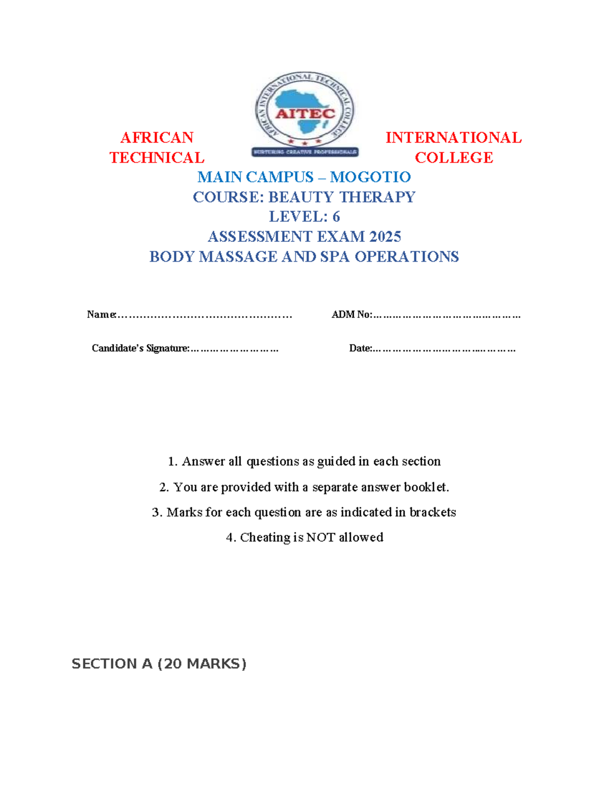 Beauty Therapy Level 6 Assessment Exam: Body Massage & Spa Operations ...
