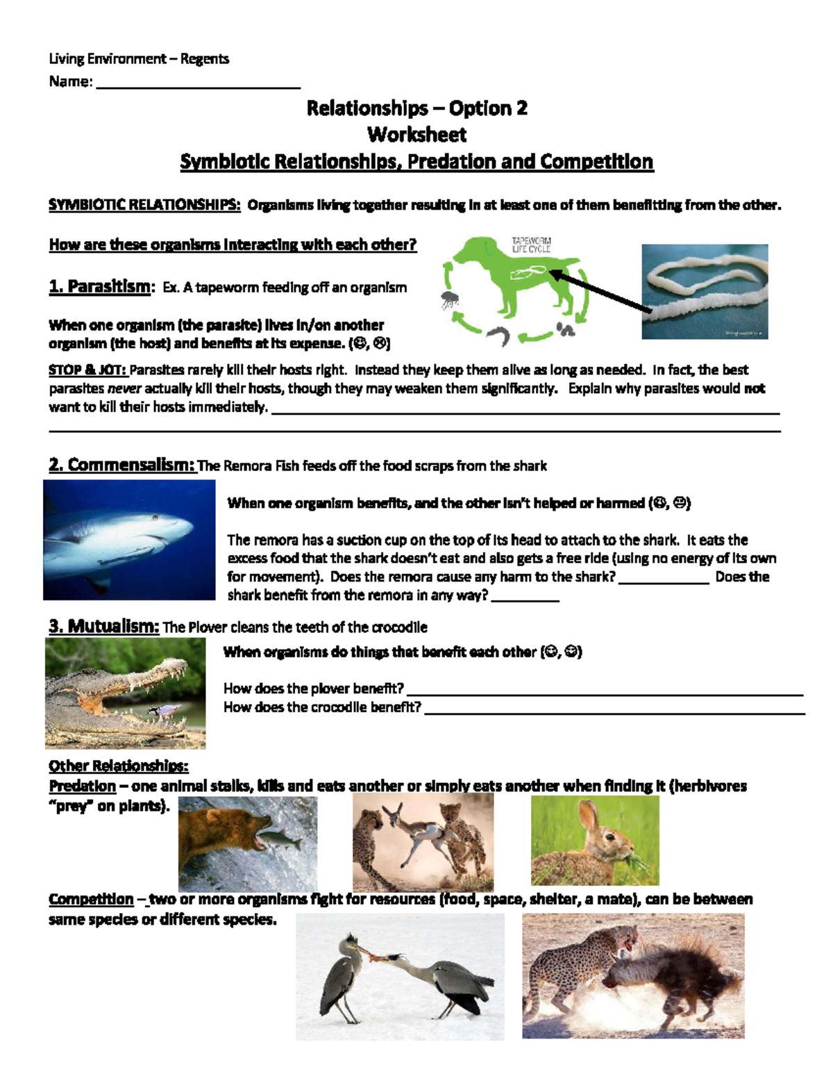 Symbiotic Relationships: Predation & Competition Notes Packet 2 - Studocu