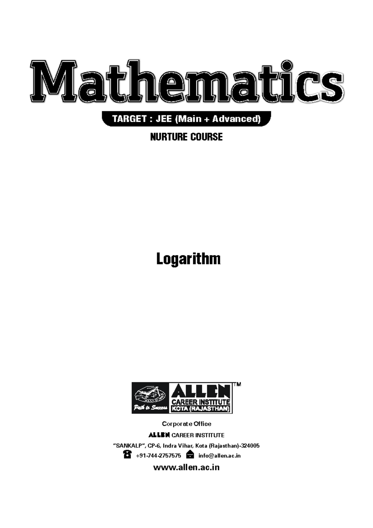 Logarithm - 10G Questions for - TARGET : JEE (Main + Advanced ...