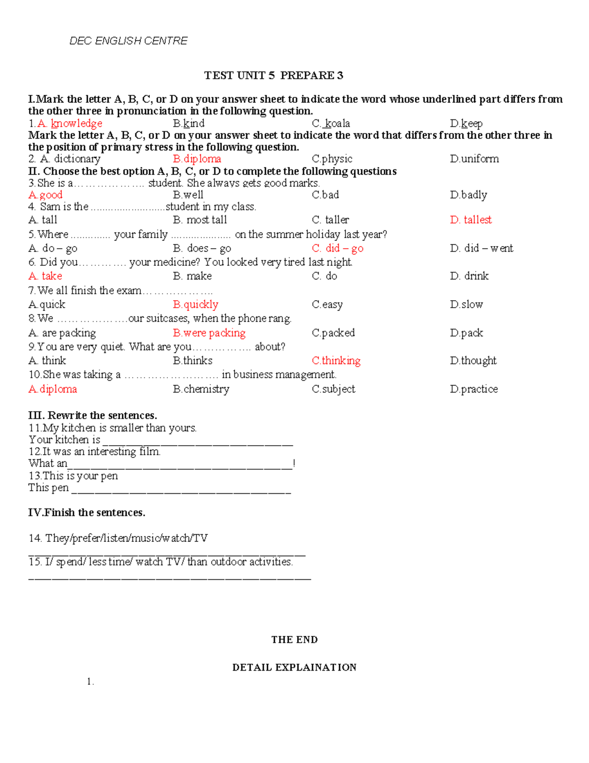 DEC ENGLISH CENTRE TEST UNIT 5 PREPARE 3 - Practice Questions - Studocu
