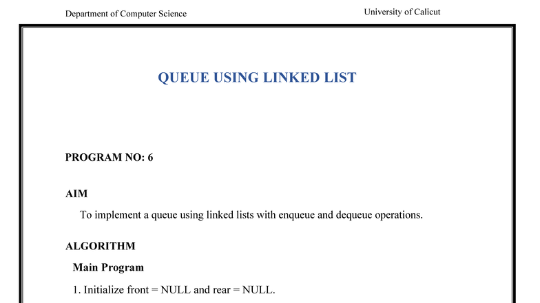 CS101: Queue Implementation Using Linked List - Studocu