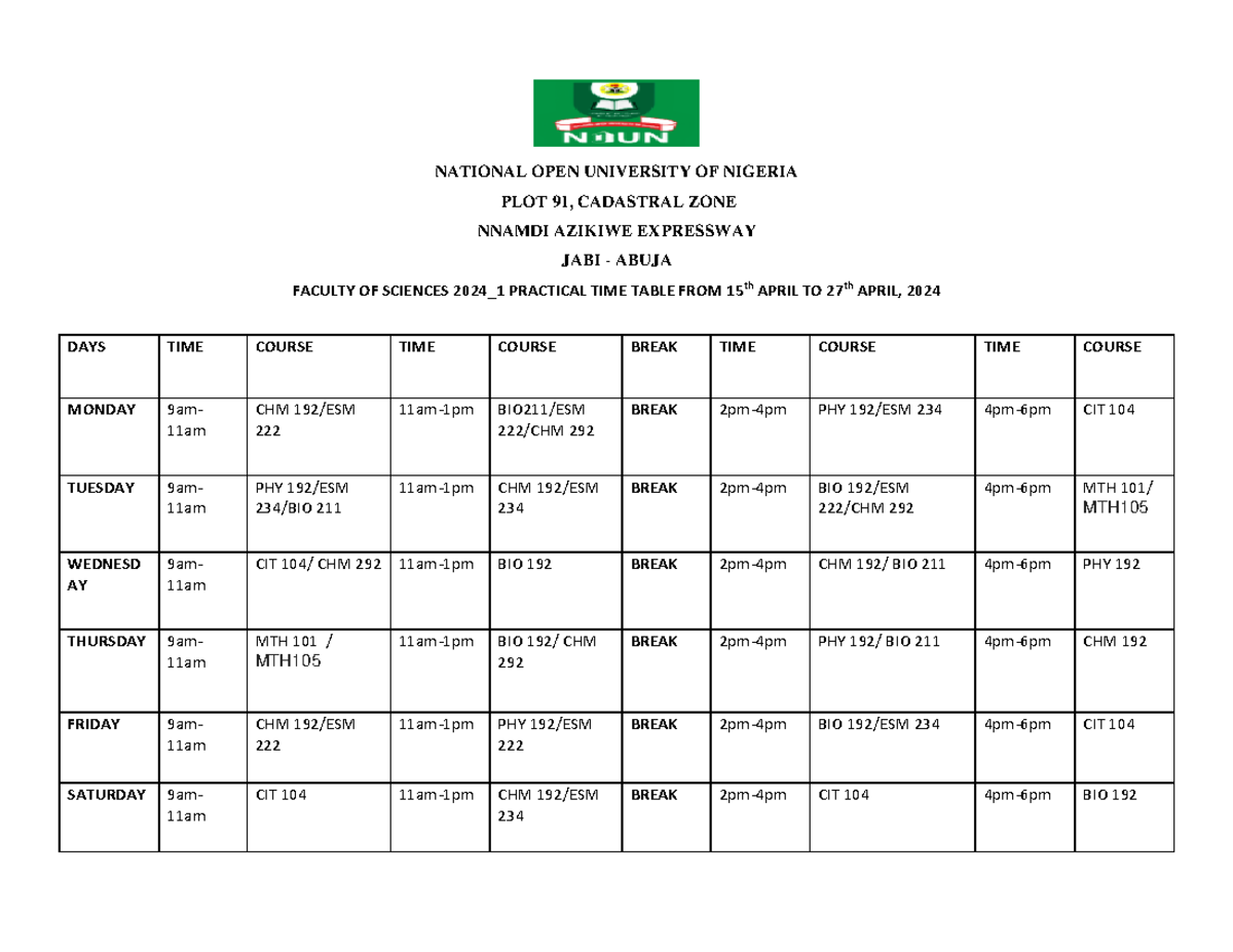 Timetable Batch A 2024 1 Practical - NATIONAL OPEN UNIVERSITY OF ...