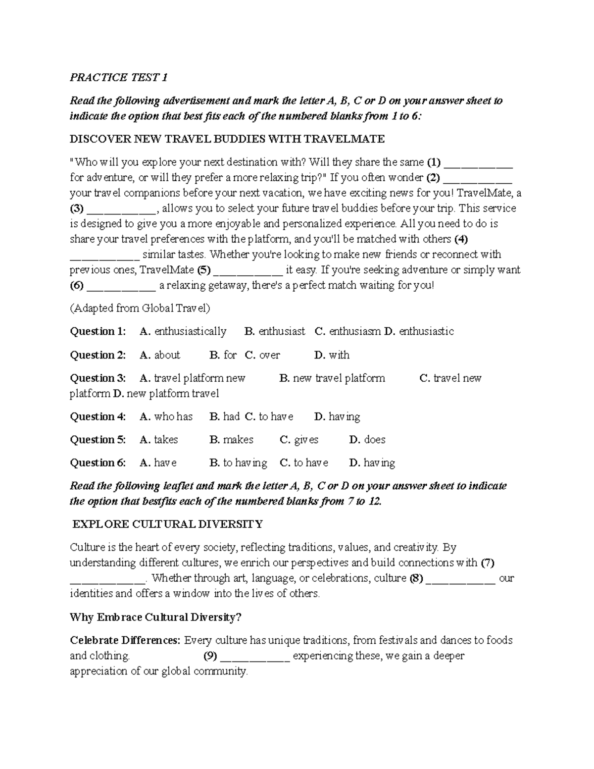 BTAP 12 - Practice Test on Travel, Culture, and Sustainability - Studocu