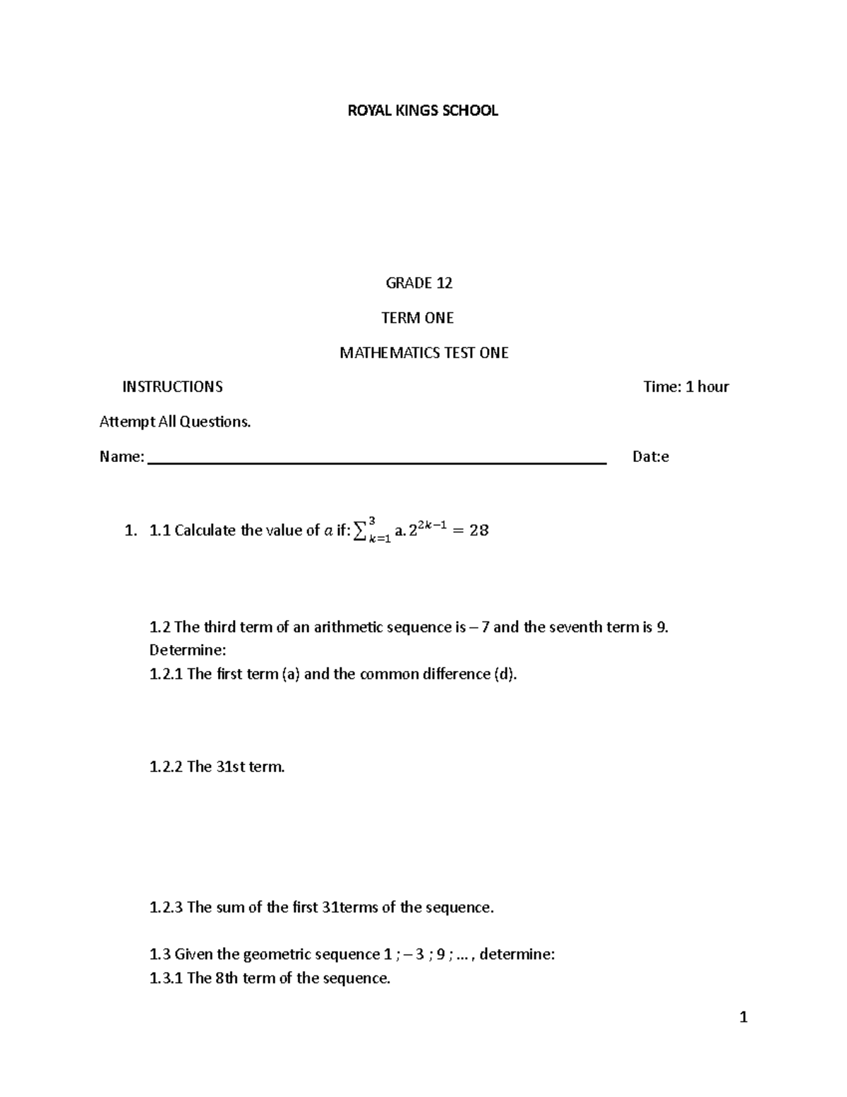 Grade 12 Mathematics Term 1 Test 1 Instructions and Questions - Studocu
