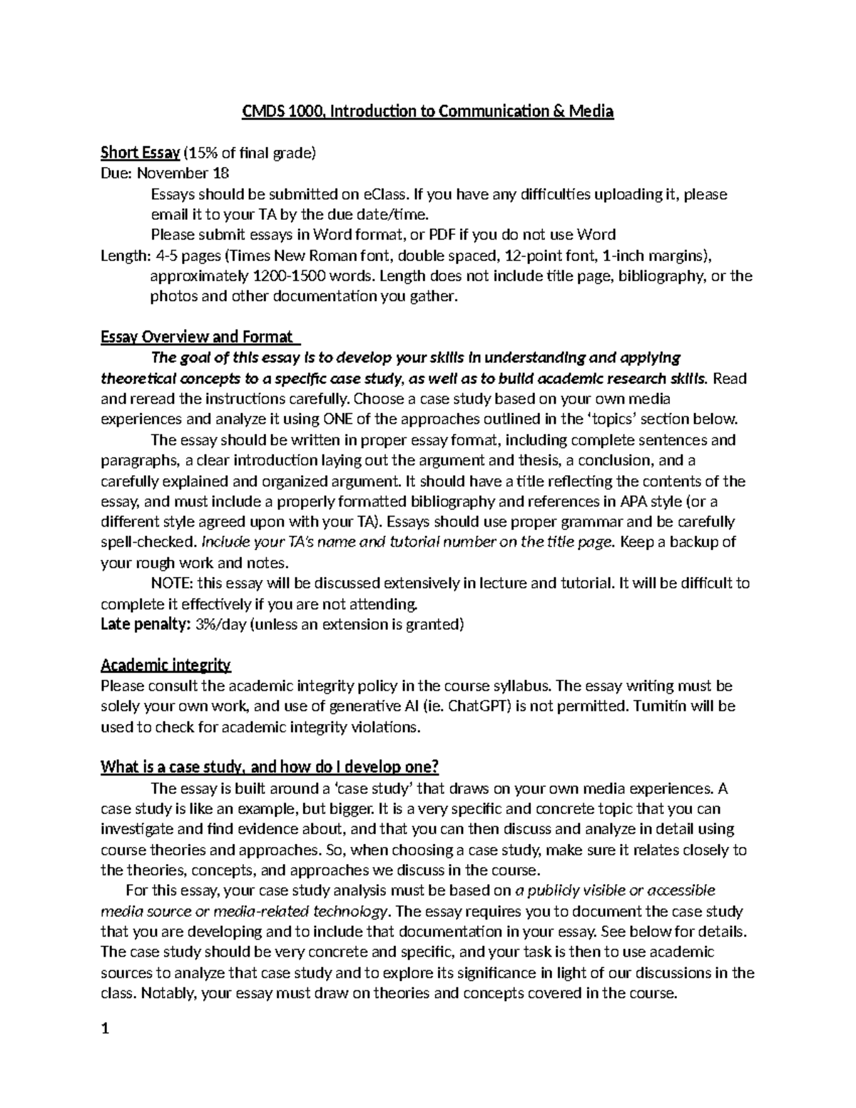 CMDS 1000 Short Essay Instructions for Final Grade (2025-26) - Studocu
