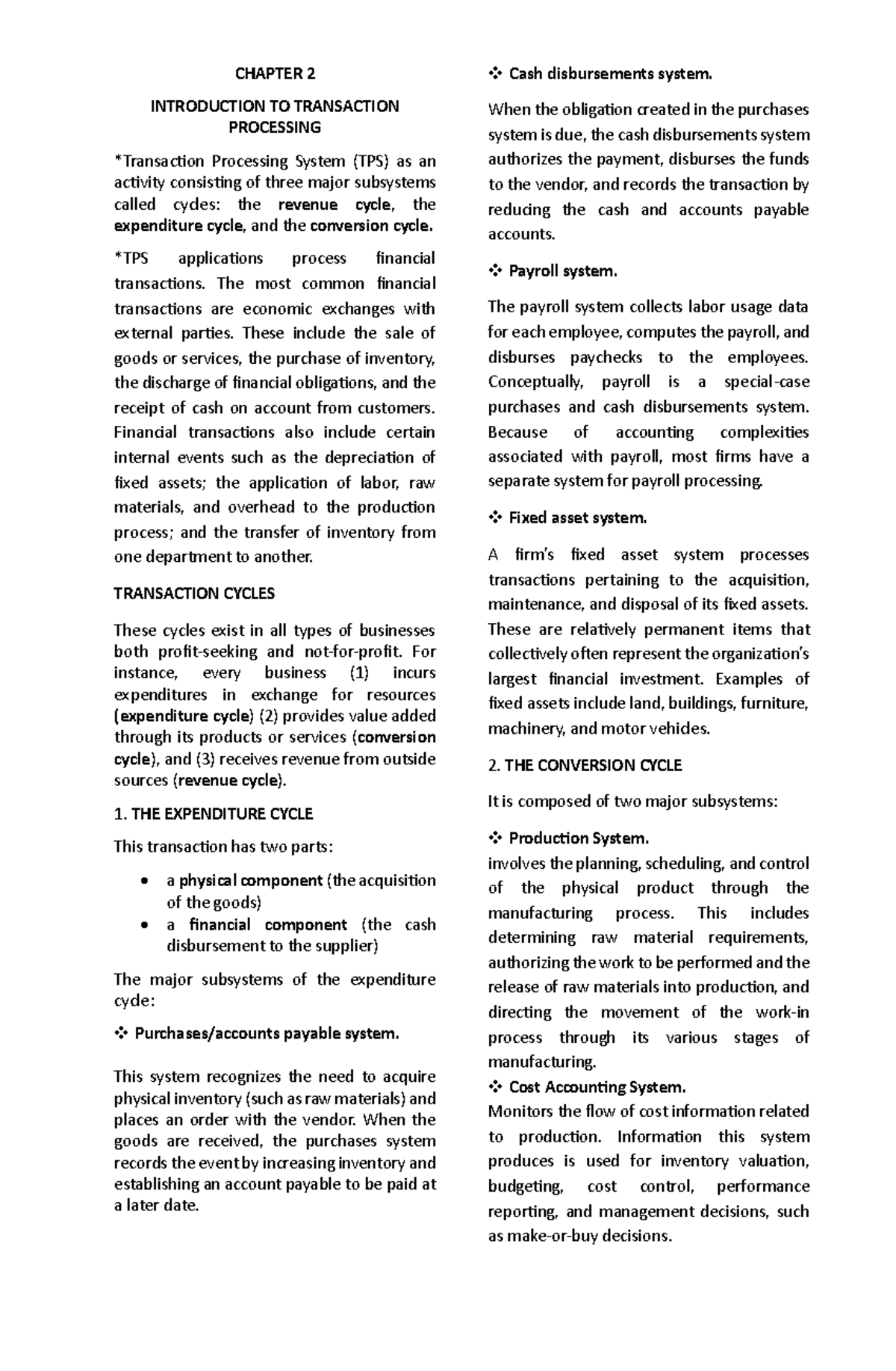 AIS 202: Chapter 2 - Introduction to Transaction Processing - Studocu