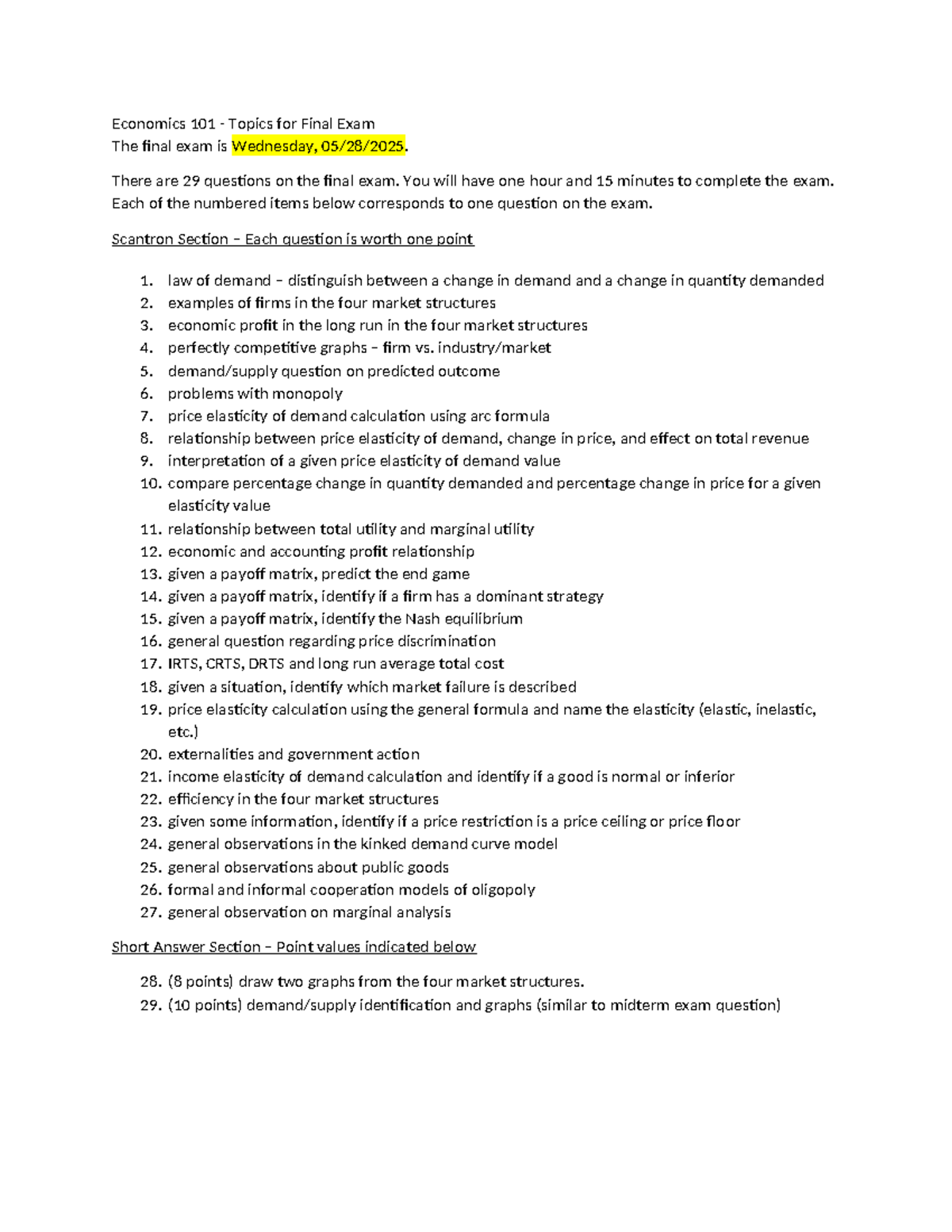 Economics 101 Final Exam Topics & Structure Guide for Review - Studocu