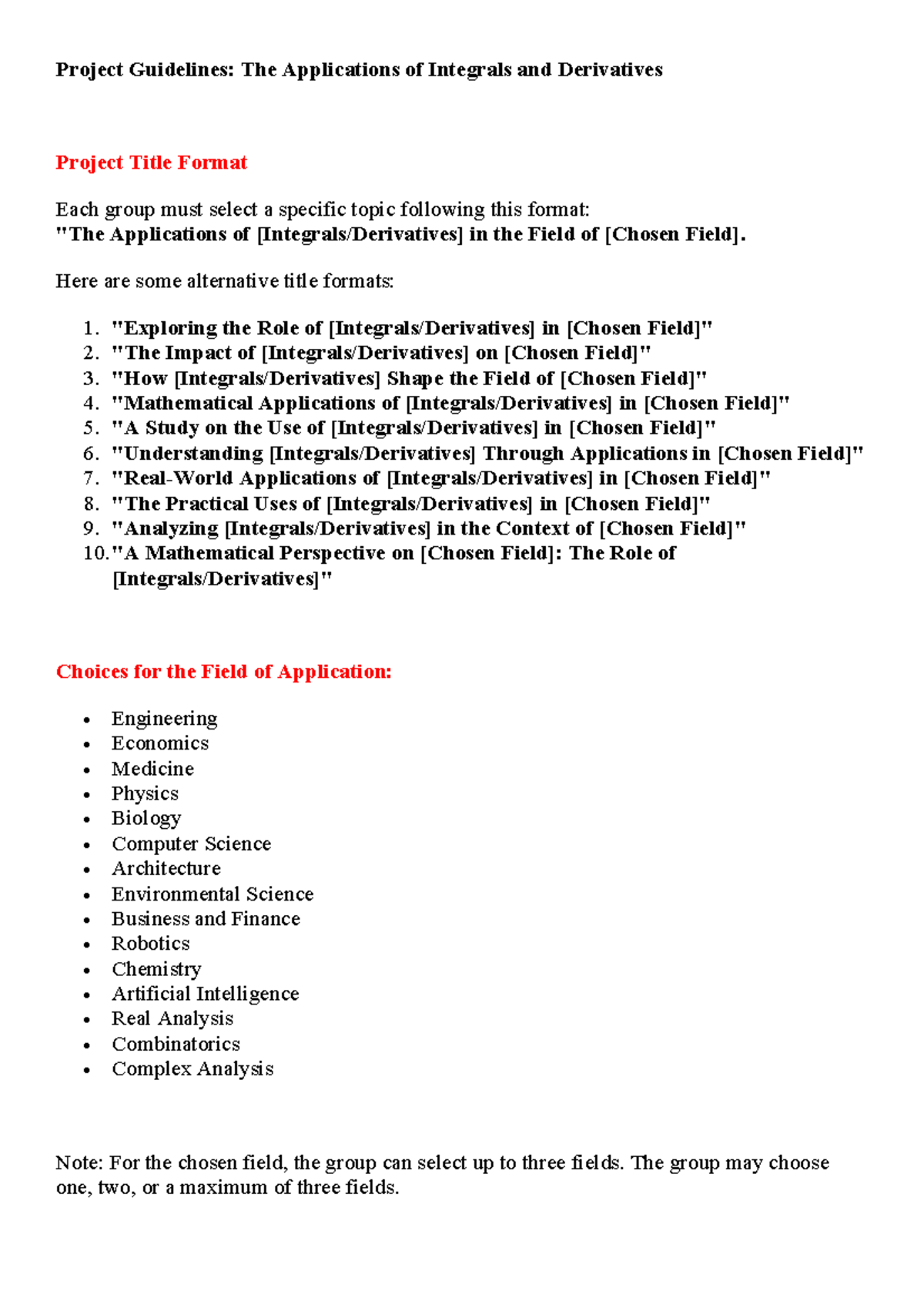 Calculus 1 Project Guidelines: Applications of Integrals & Derivatives ...