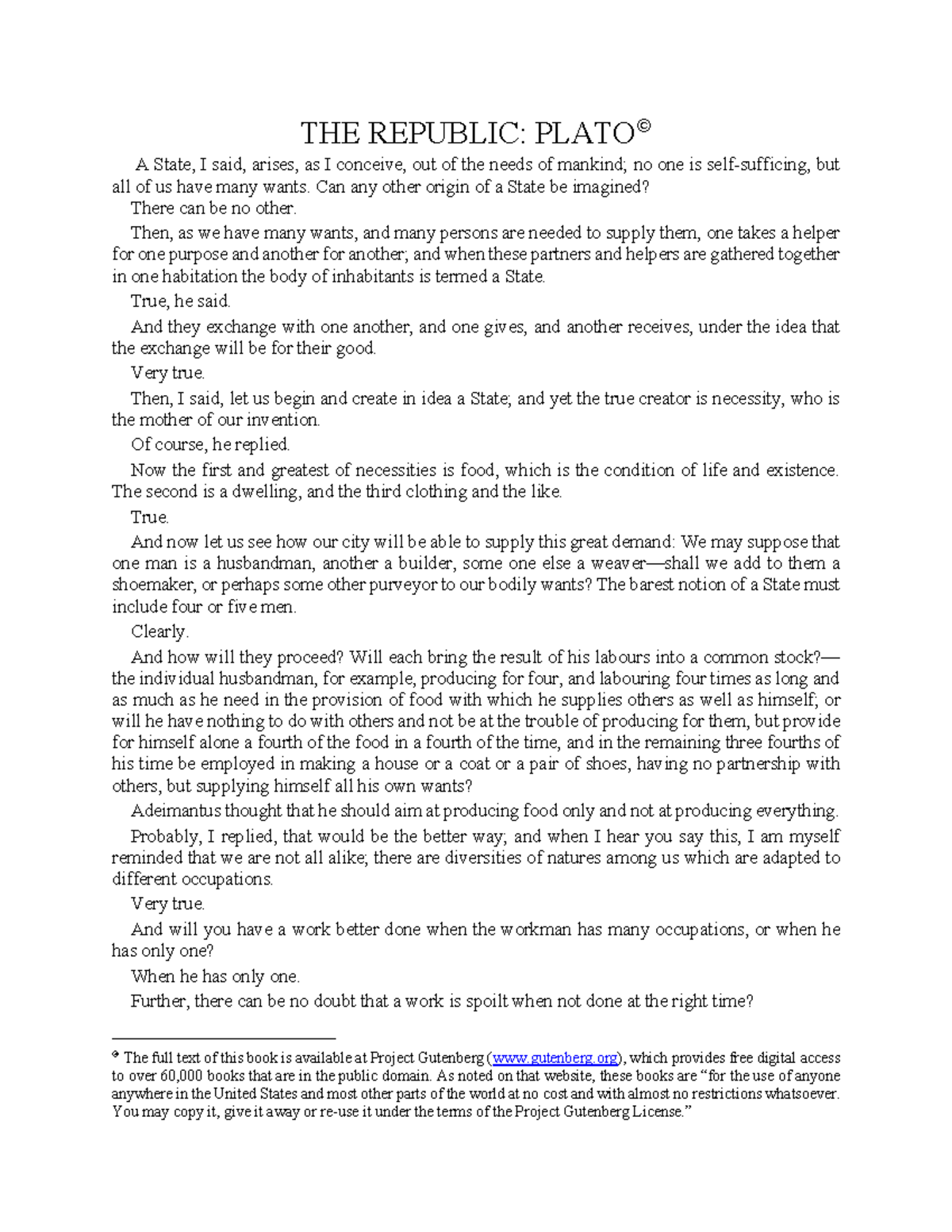 Plato’s Republic: Creation of a State and Economic Dynamics Discussion ...