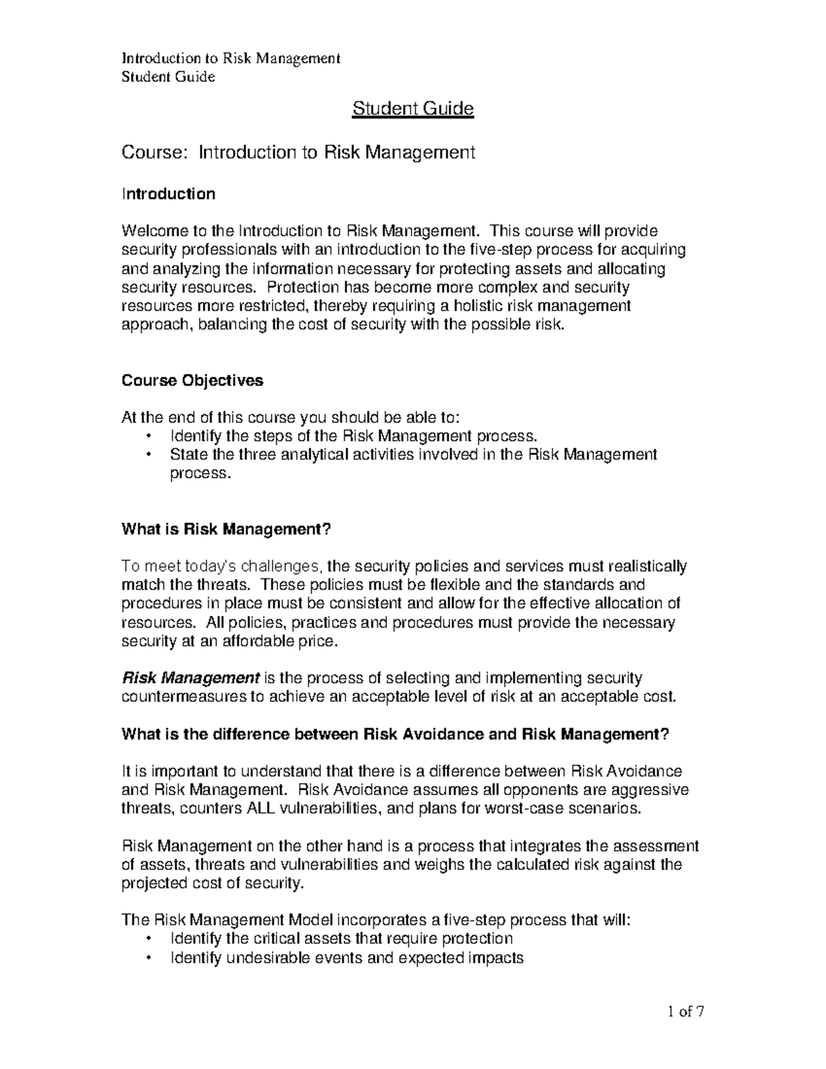 Introduction to Risk Management: Student Guide for Security ...