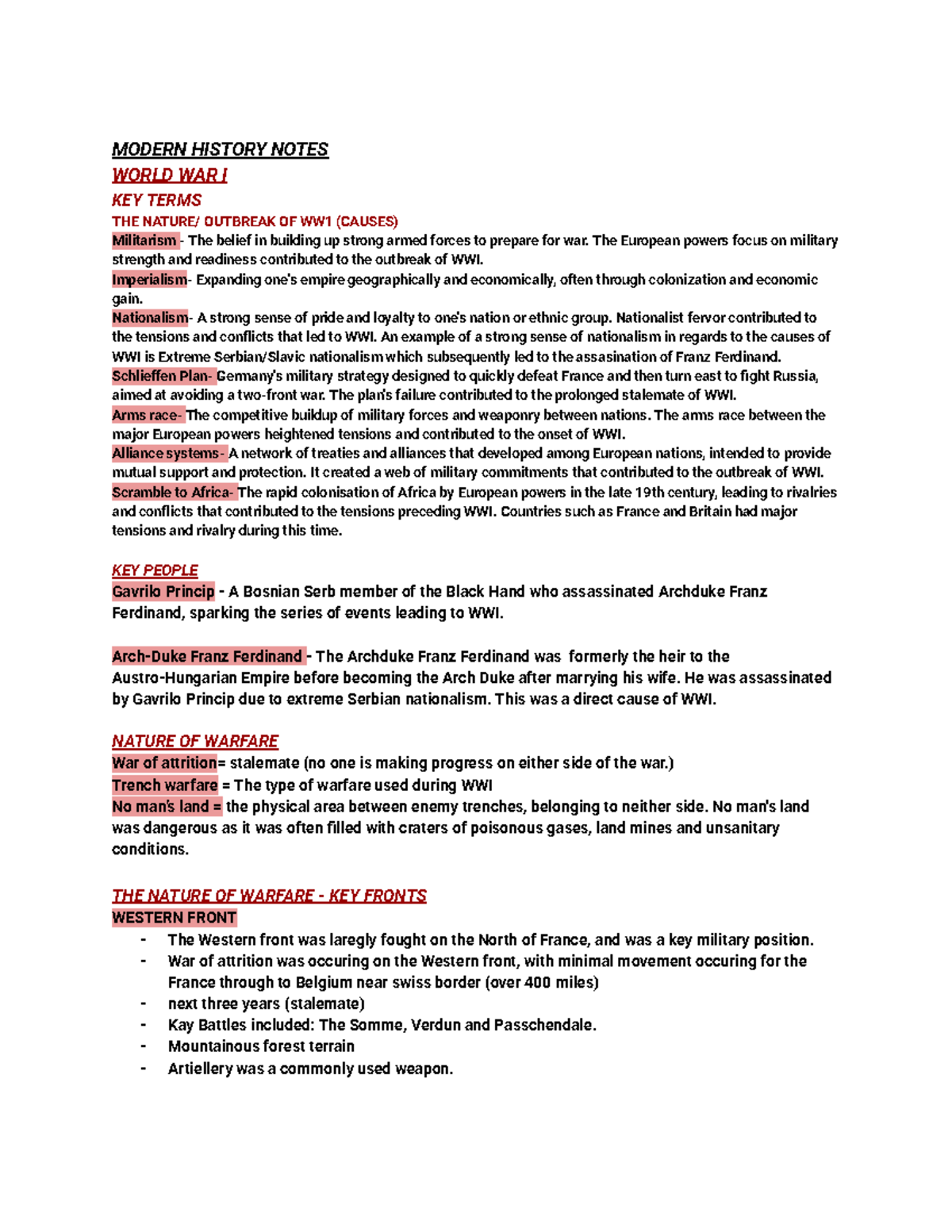 MODERN HISTORY NOTES: WWI Key Terms & Causes (Year 11) - Studocu