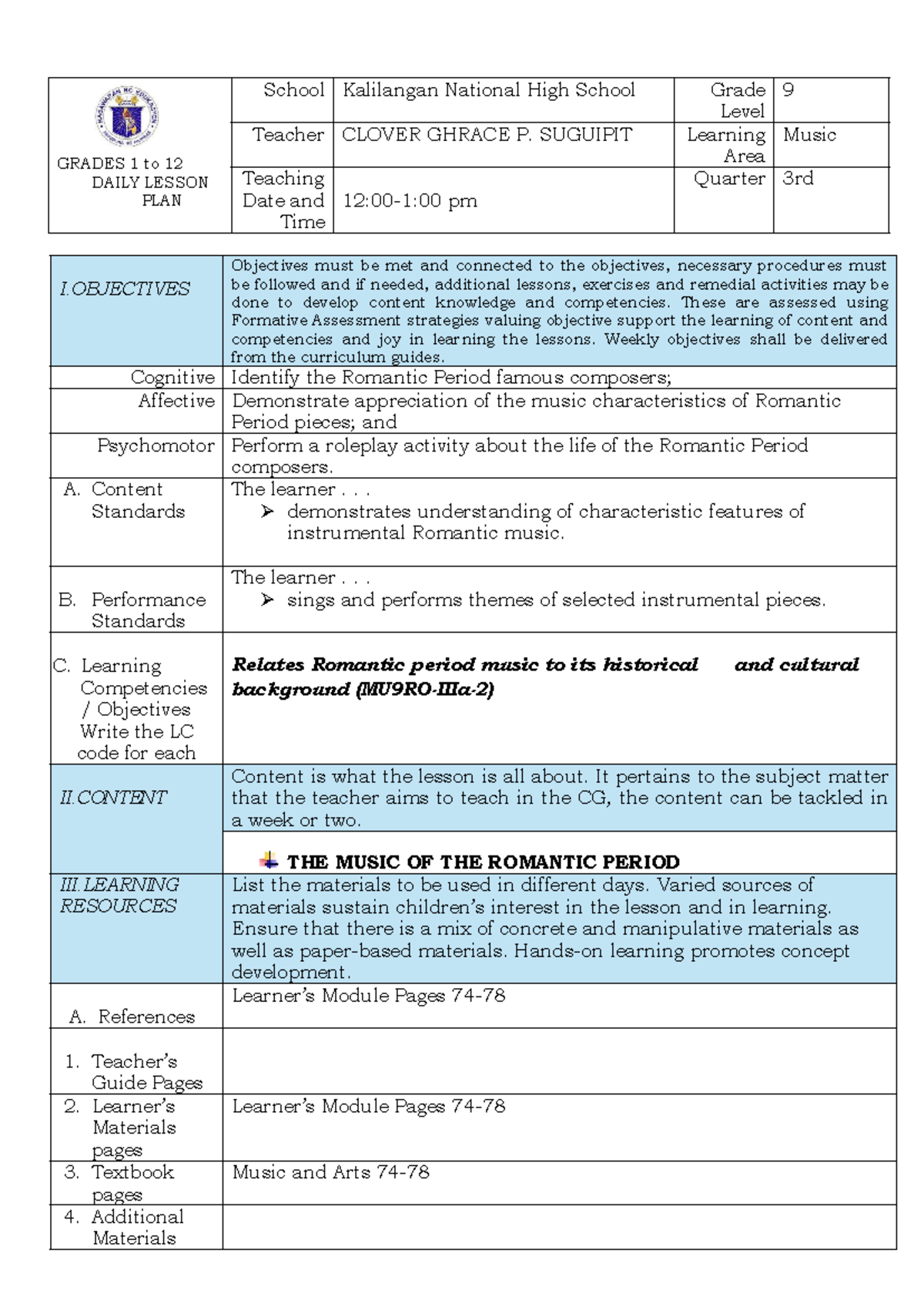 DLP2 MAPEH Grade 9 Daily Lesson Plan: Music of the Romantic Period ...