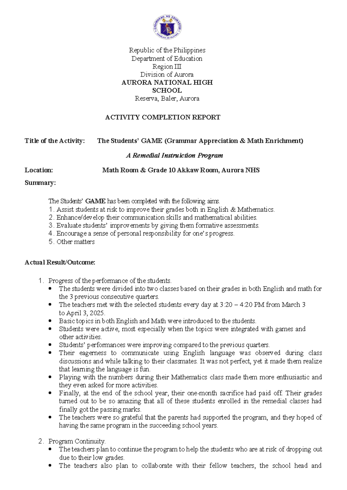 GAME ACR: Remedial Instruction in English & Math for Grade 10 - Studocu