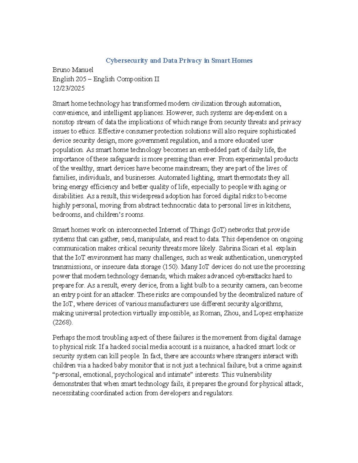 English 205 Assignment 4: Cybersecurity & Data Privacy in Smart Homes ...