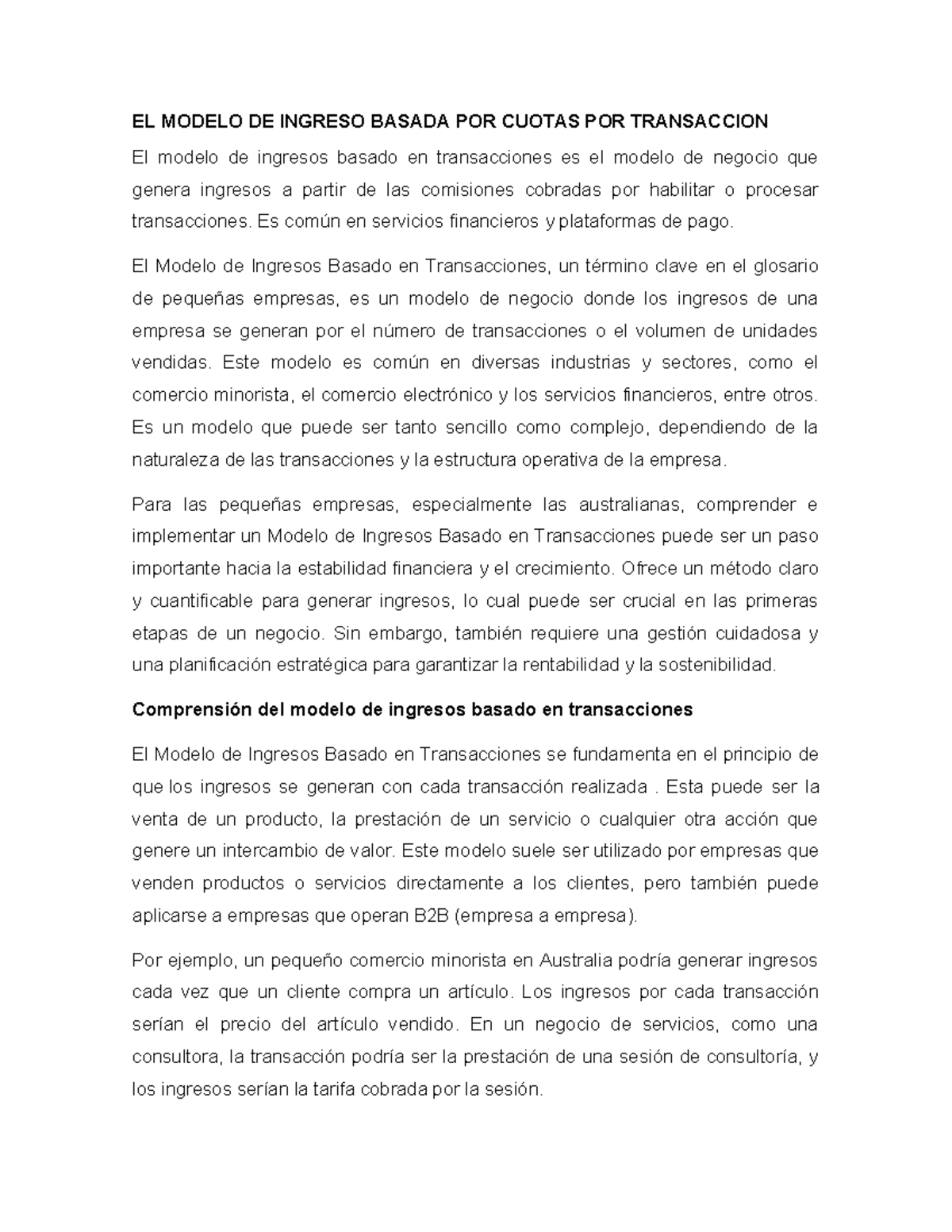 Modelo de Ingresos Basado en Transacciones: Claves y Estrategias - Studocu