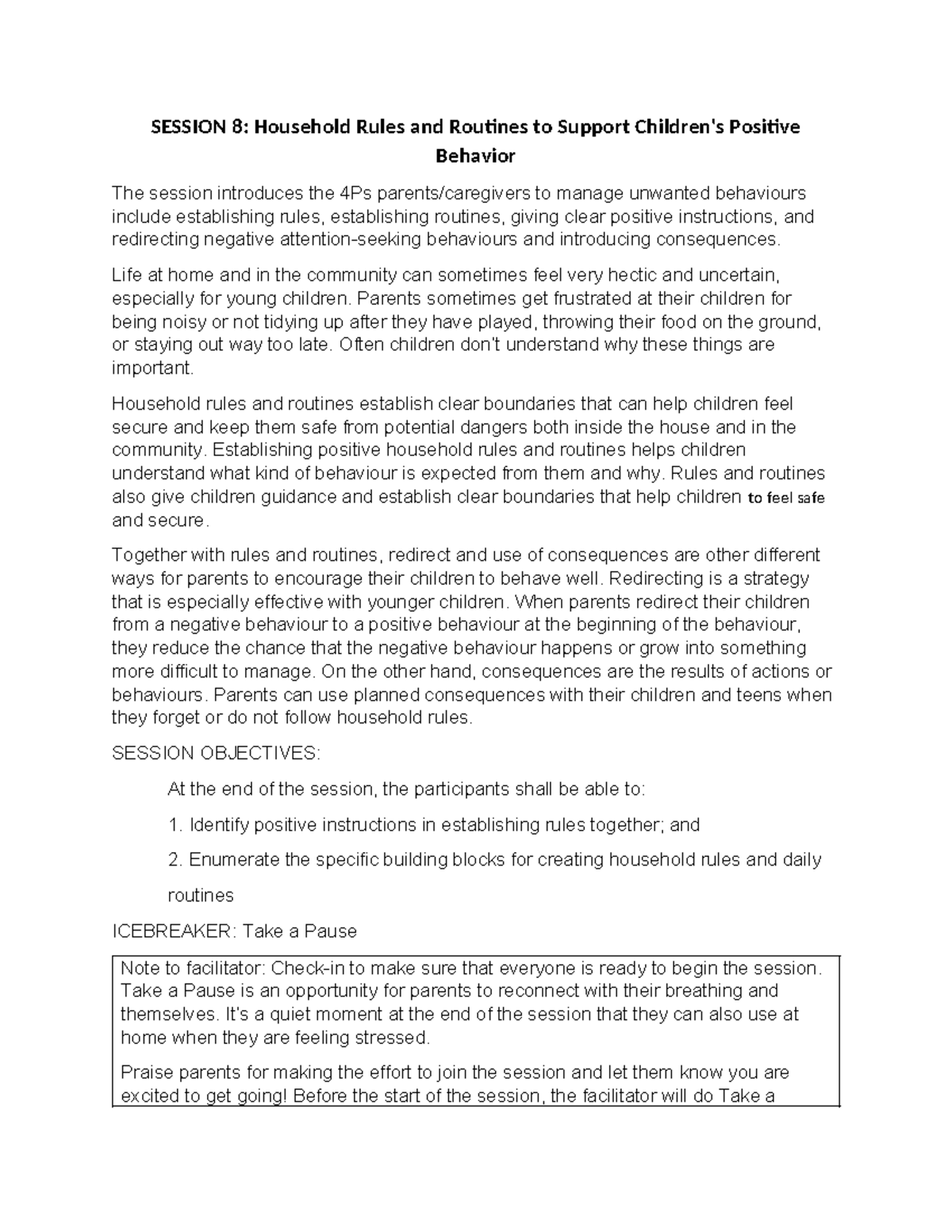Year 1 Session 8: Household Rules & Routines for Positive Behavior ...