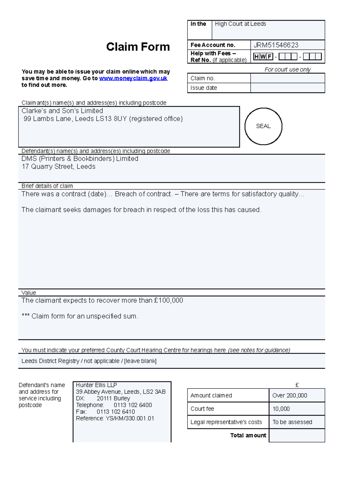 High Court Claim Form Exemplar - JRM Fee Account Details - Studocu