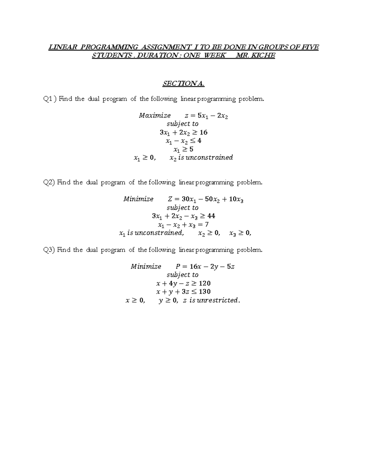 STA 2211 Linear Programming Assignment I: Group Task & Problem Solving ...