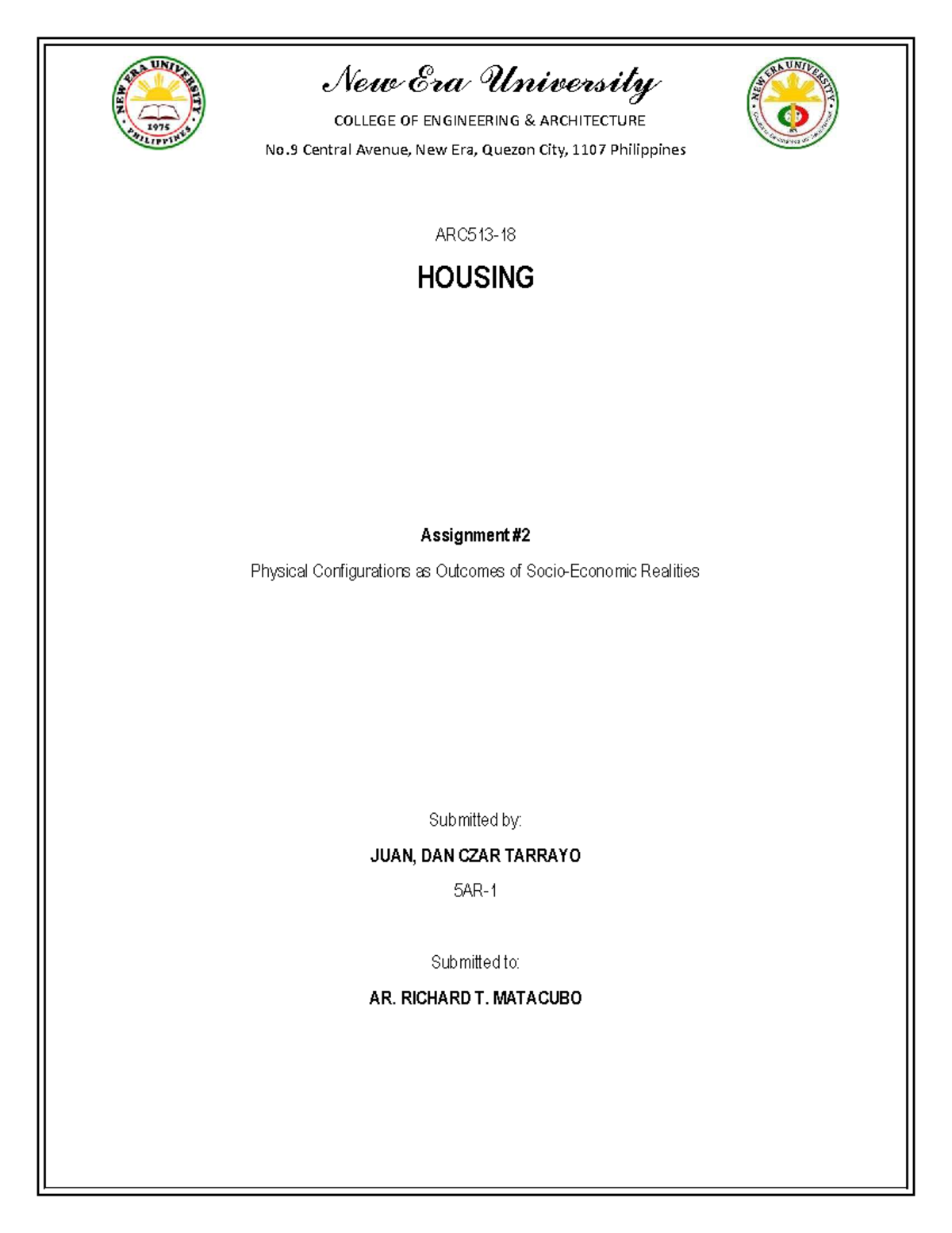 New Era University CE 101 Housing Assignment 2: HDB Case Study Analysis ...