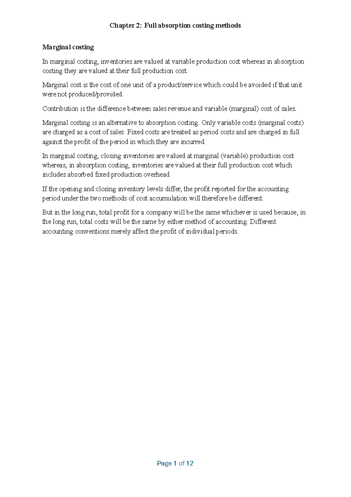 Chapter 2 - Comparing Marginal vs. Absorption Costing Methods - Studocu