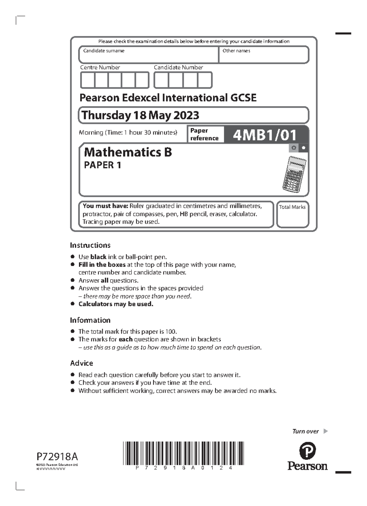 4MB1 Past Paper Practice - Mathematics B Paper 1 (May 2023) - Studocu
