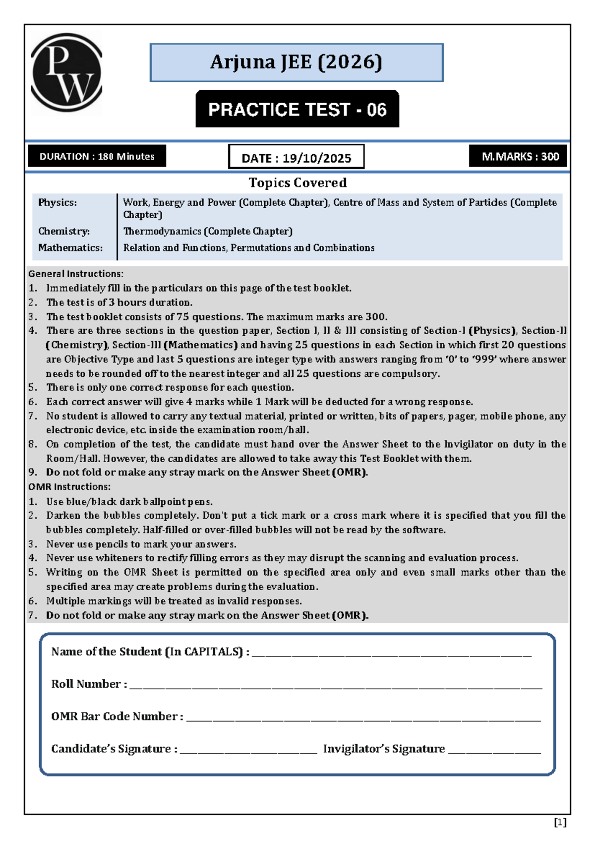 Arjuna JEE (2026) Practice Test 06 - Physics, Chemistry & Math - Studocu