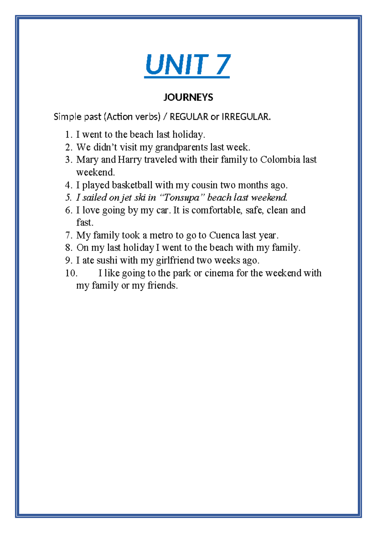 Sentences for Units 7-8-9: Simple Past & Health Notes - Studocu