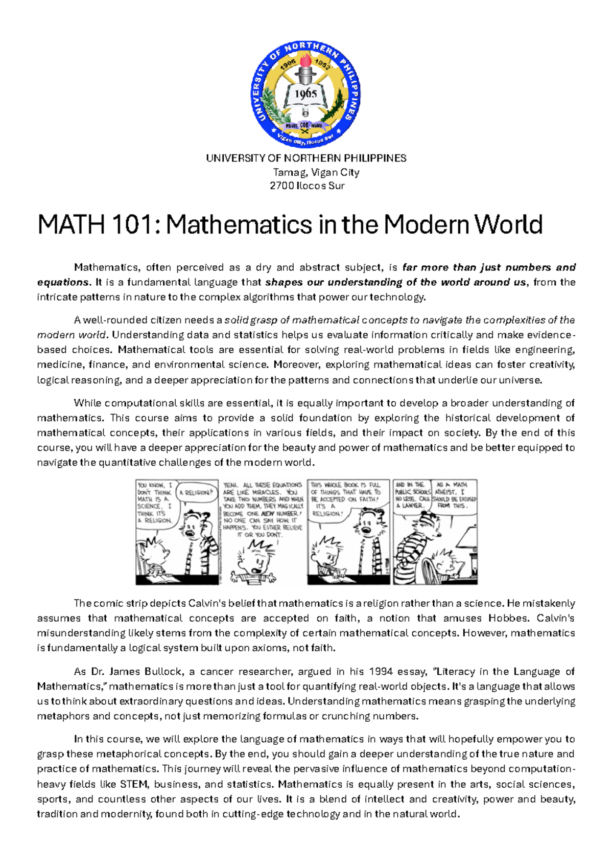 MATH 101 Mod1 - mmw - UNIVERSITY OF NORTHERN PHILIPPINES Tamag, Vigan ...