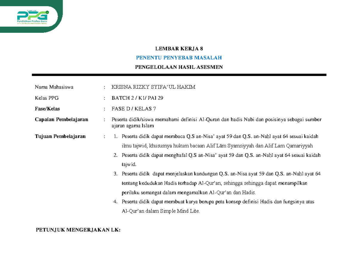 LK 8 - Penentu Penyebab Masalah [Pengelolaan Hasil Asesmen] (1) compressed - LEMBAR KERJA 8 ...