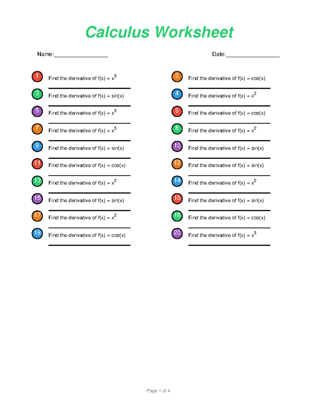 Calculus Worksheet 3: Derivatives and Sharing Problems - Studocu