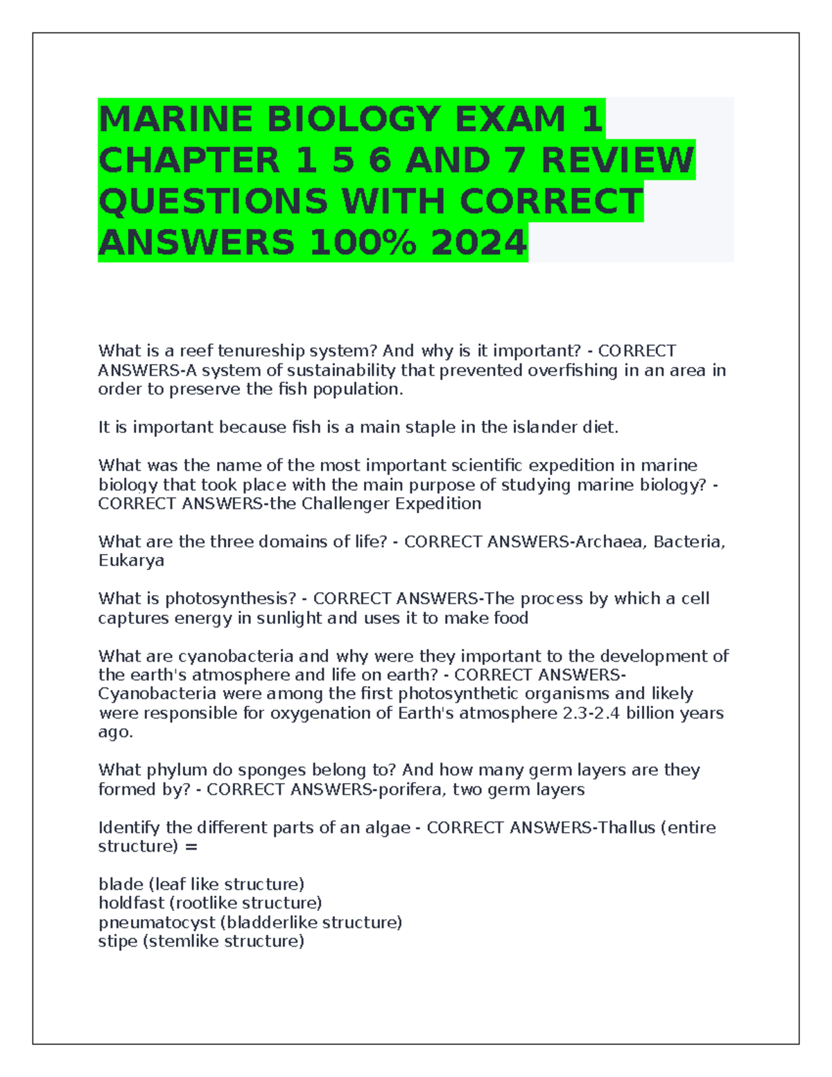 Marine Biology Exam 1 Review: Chapters 1, 5, 6, & 7 Answers 2024 - Studocu