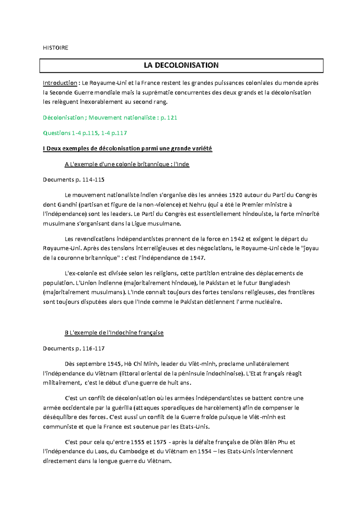 HISTOIRE 3èmes - Décolonisation : Analyse des Mouvements Nationaux ...