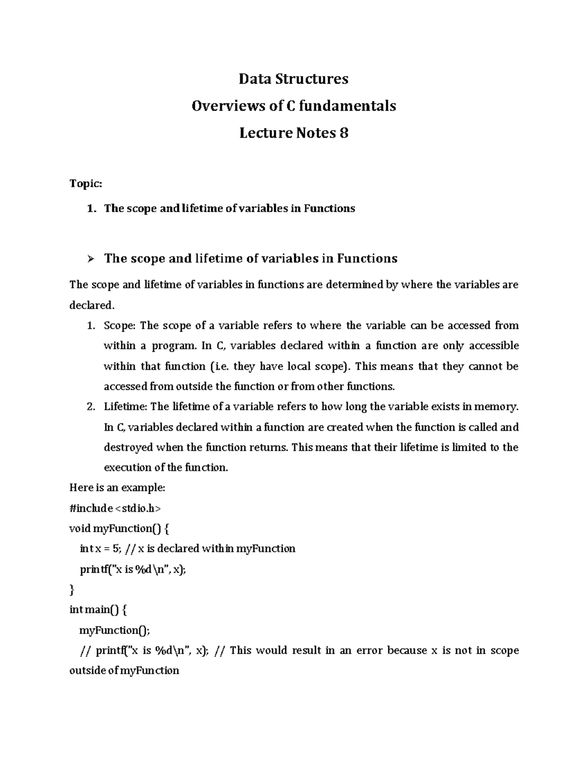 Data Structures (Scope & Lifetime of Variables in Functions) - Studocu